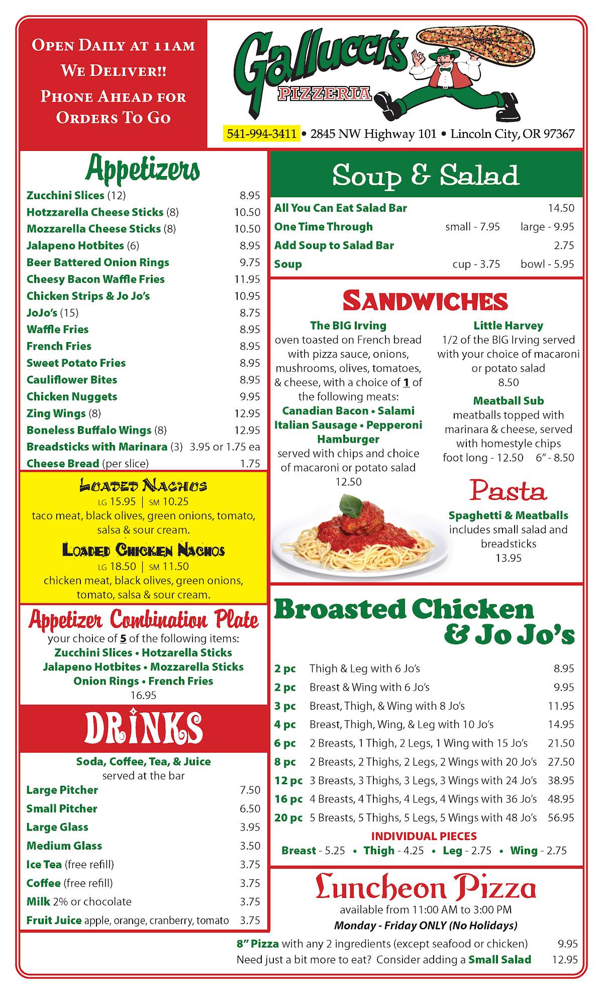 Menu at Gallucci's Pizzeria, Lincoln City, NW U.S. 101