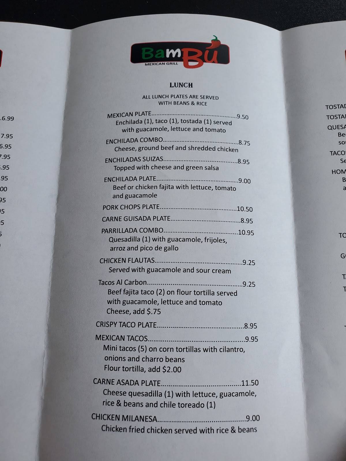 Menu at Bambú restaurant, Galveston
