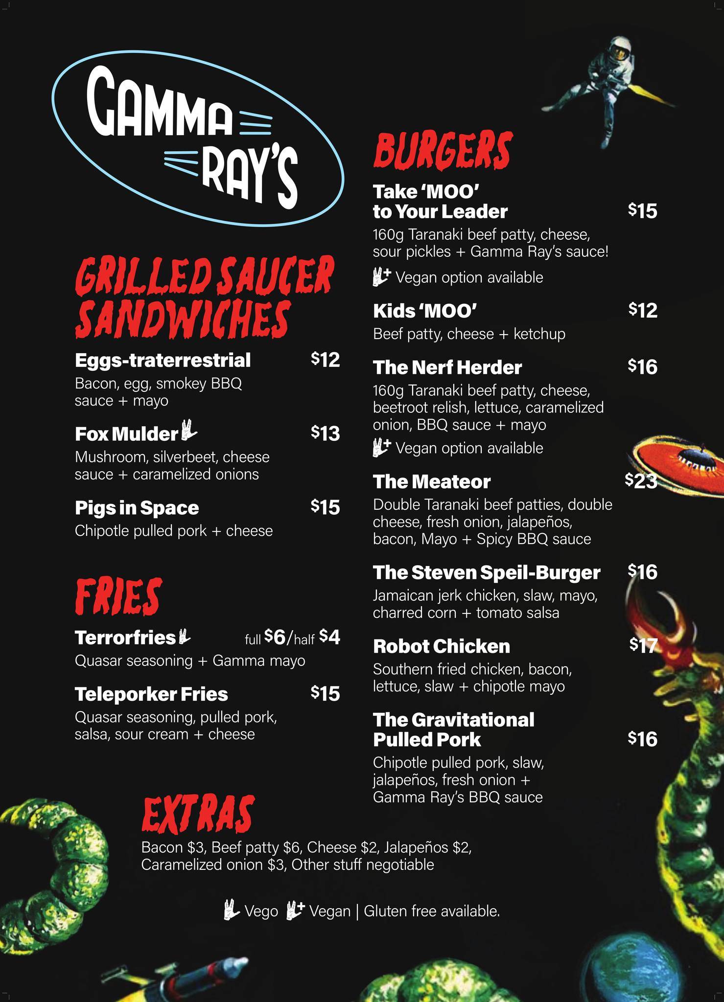 Menu at Gamma Ray's restaurant, New Plymouth