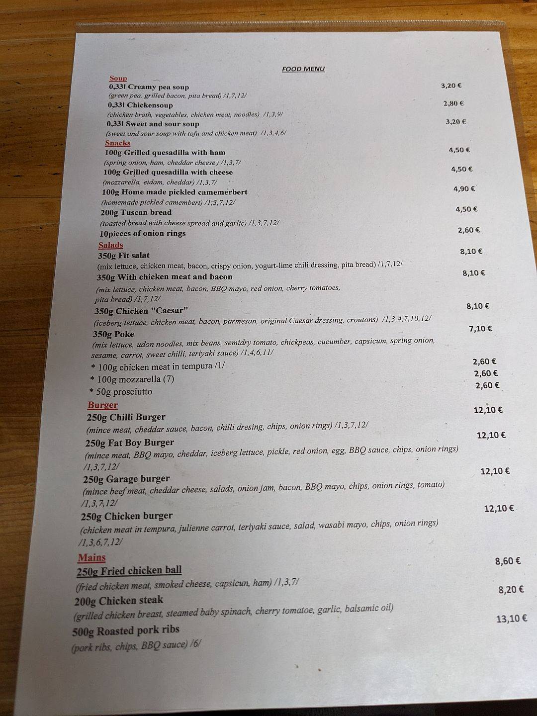 Menu at Garage caffe Bar, Svätý Jur