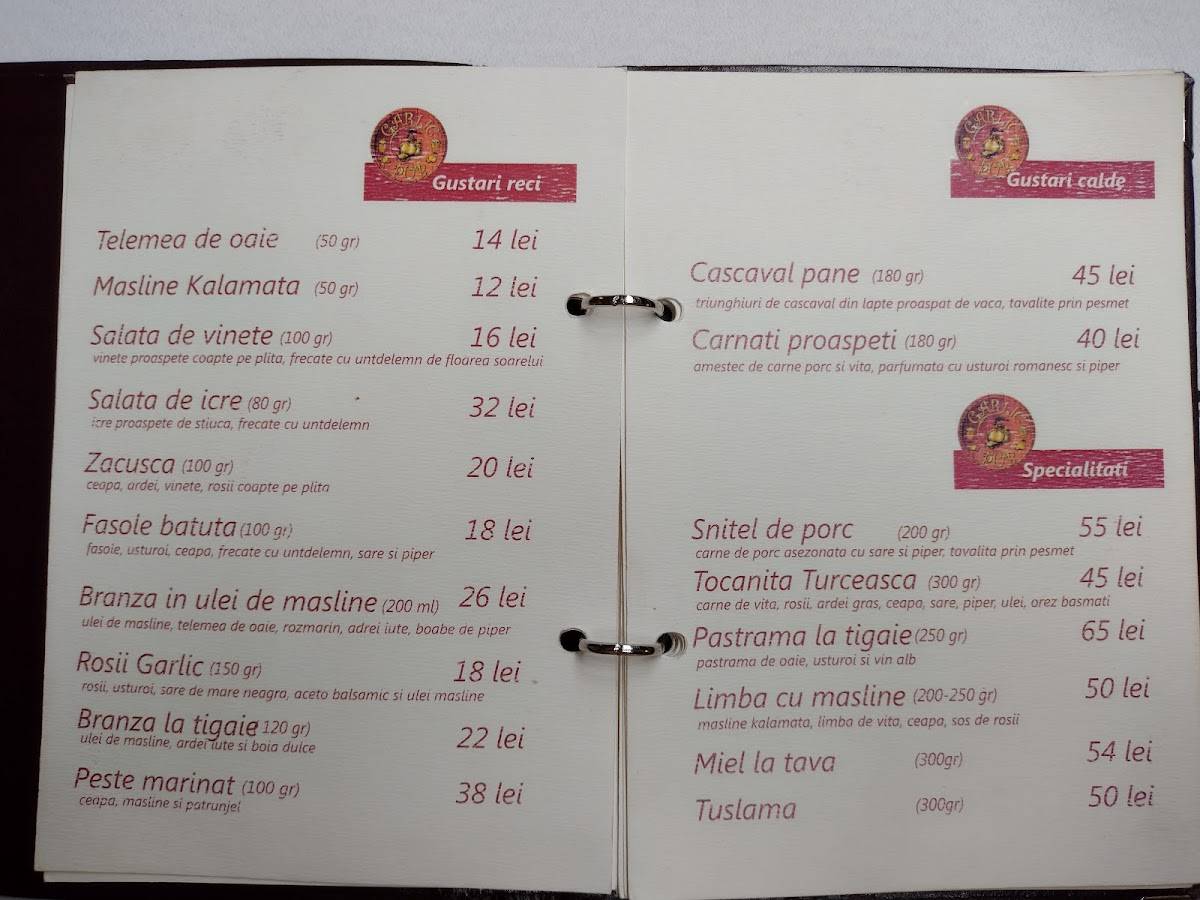 Menu at Garlic, Bucharest, Icoanei 66