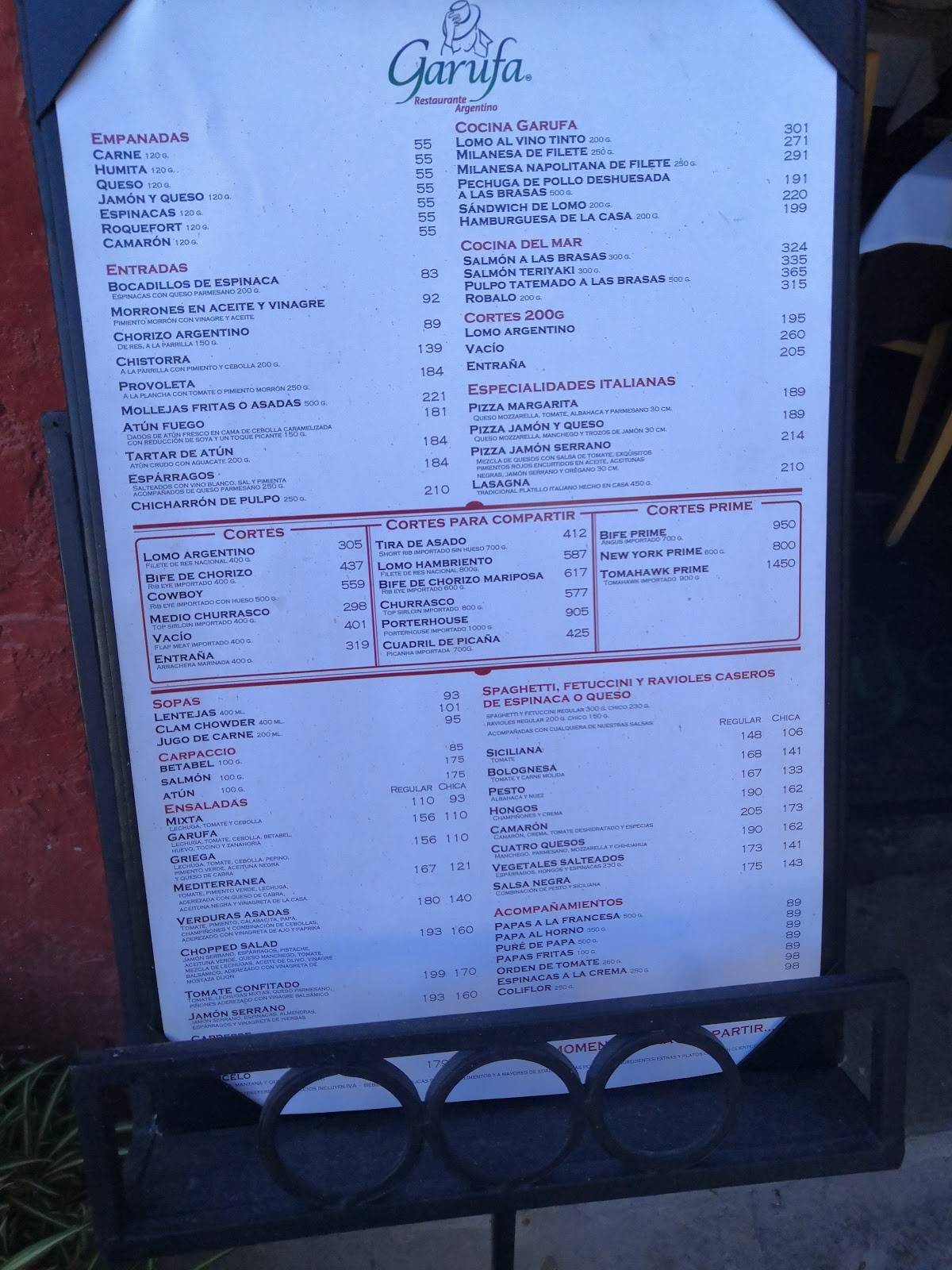 Carta de parrilla Garufa, Zacatecas, Jdn. Juárez 135
