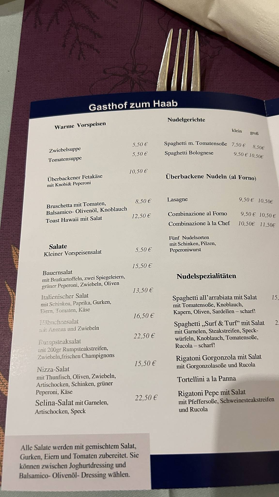 Speisekarte von Gasthof zum Haab restaurant, Tholey