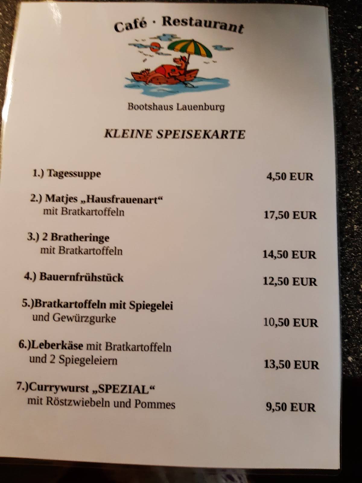 Menu at Gaststätte Bootshaus restaurant, Lauenburg, Uferweg