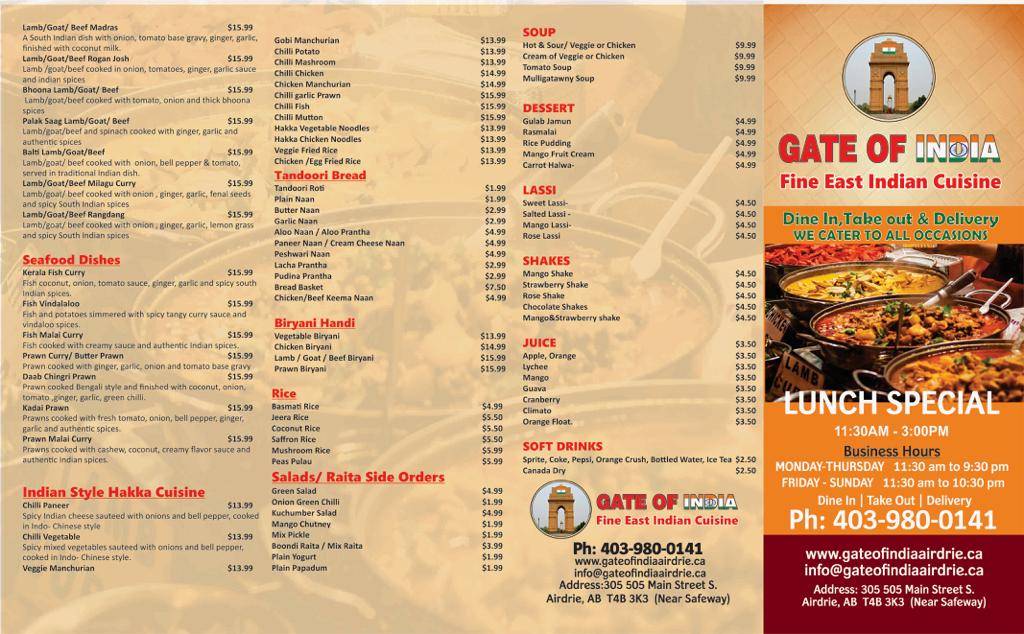 Menu at Gate Of India Fine East Indian Cuisine (Airdrie) restaurant ...