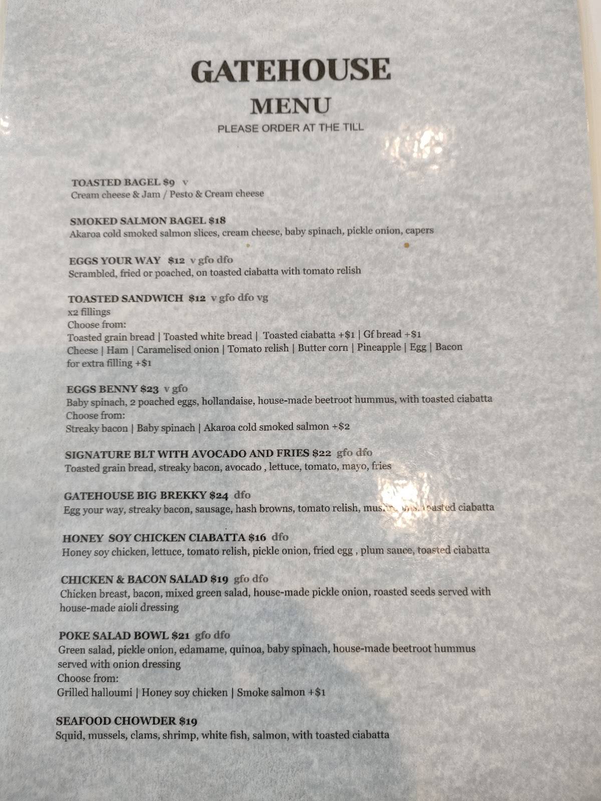 Menu at Gatehouse Cafe, Christchurch