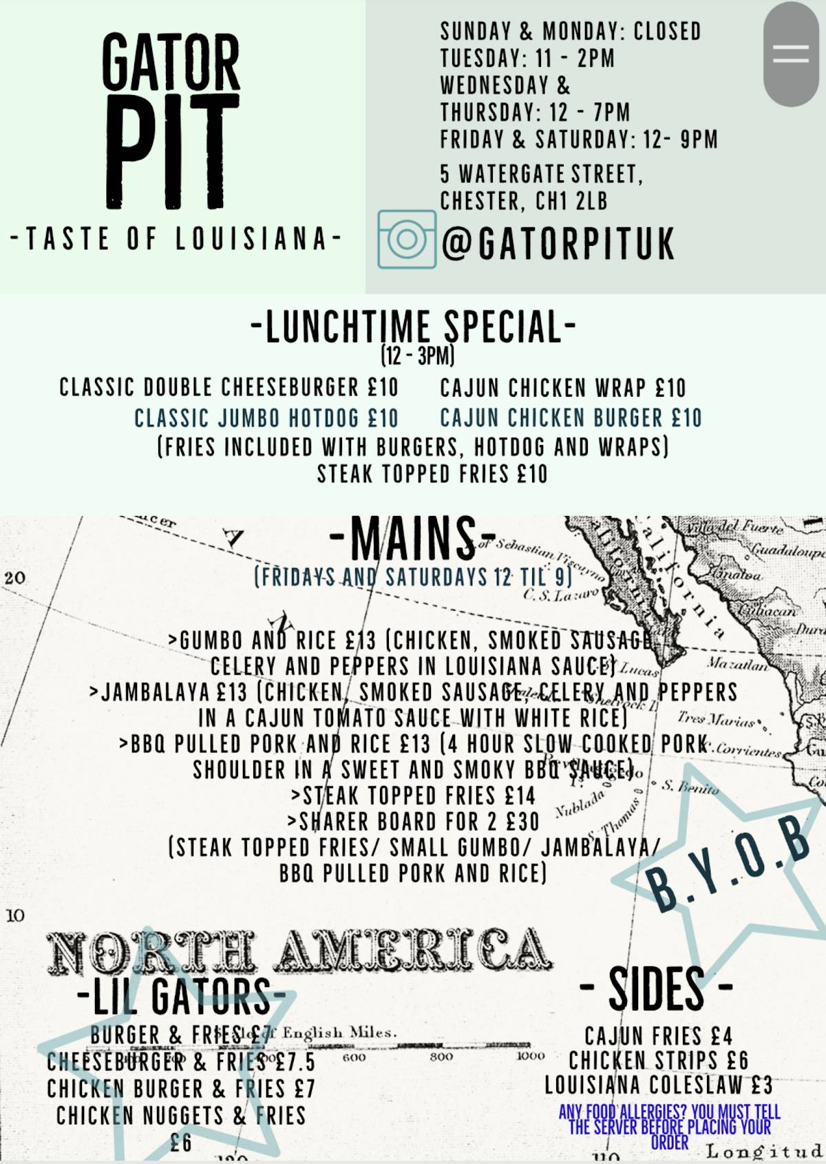 Menu at Gator Pit restaurant, Chester
