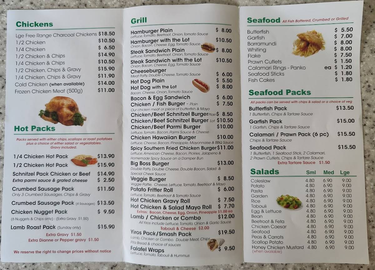 Menu at Cheek Ave Charcoal Chicken & Takeaway fast food, Gawler East