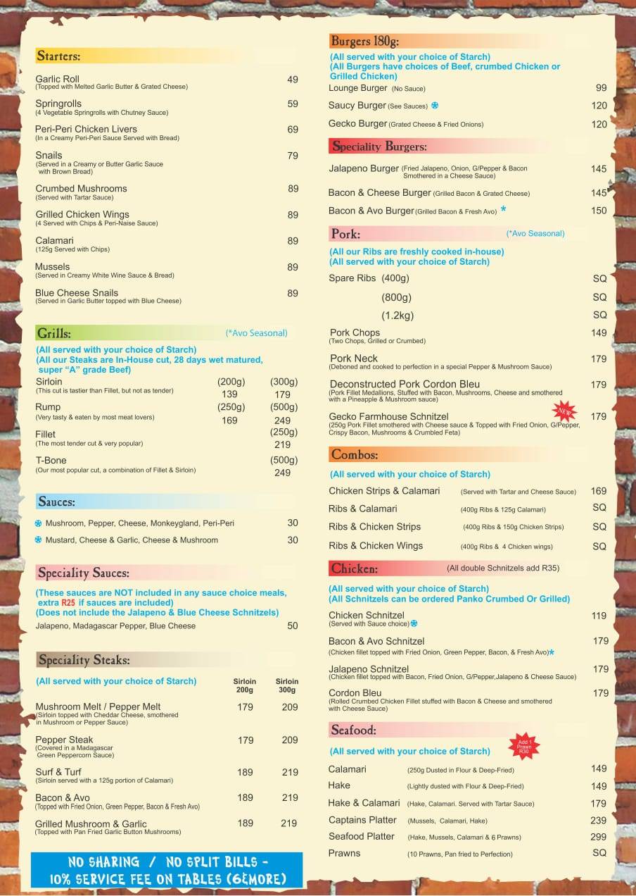 Menu at Gecko Lounge Paarl restaurant, Paarl, 25 Lady Grey St