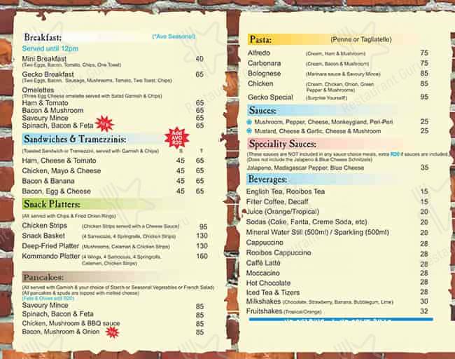 Menu at Gecko Lounge Paarl restaurant, Paarl, 25 Lady Grey St