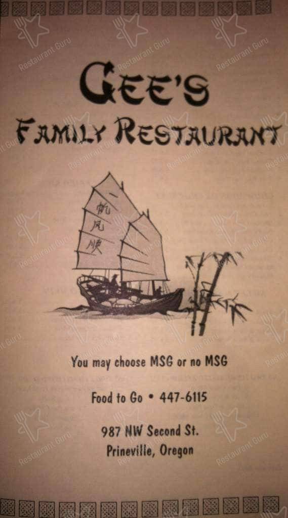 Menu at Gee's Family Restaurant, Prineville