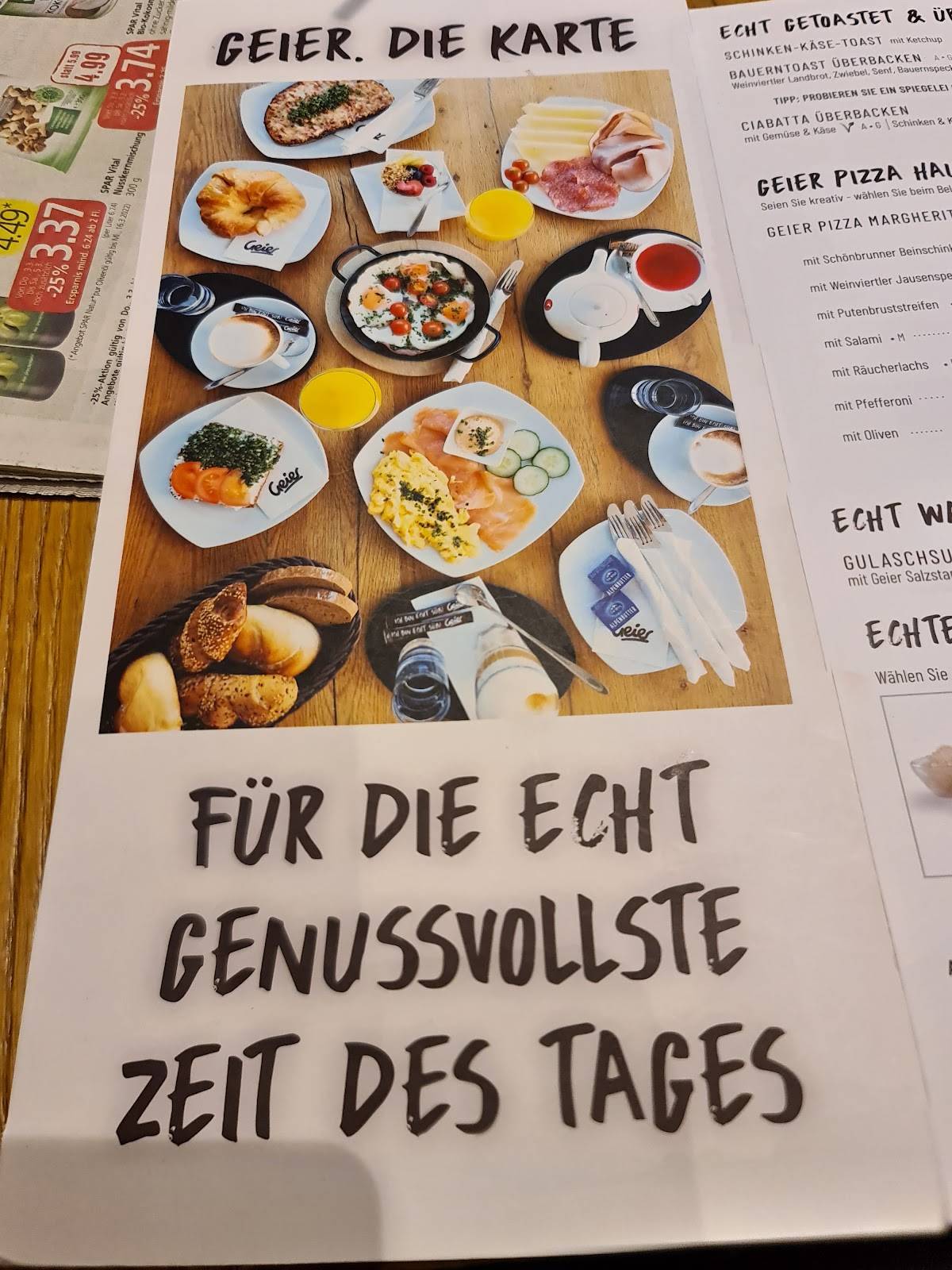 Speisekarte von Geier. Die Bäckerei, Mistelbach, Hauptpl. 34