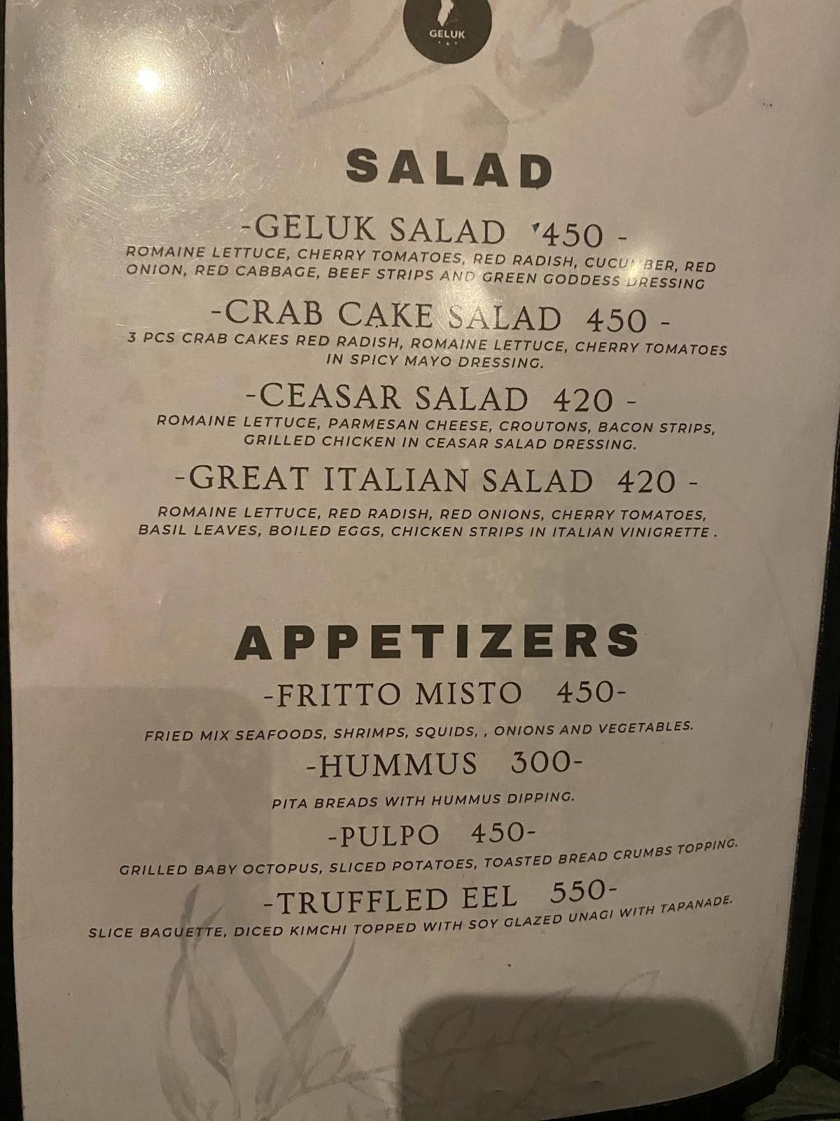 Menu at Geluk Gentri restaurant, Quezon City, 77 Banawe St