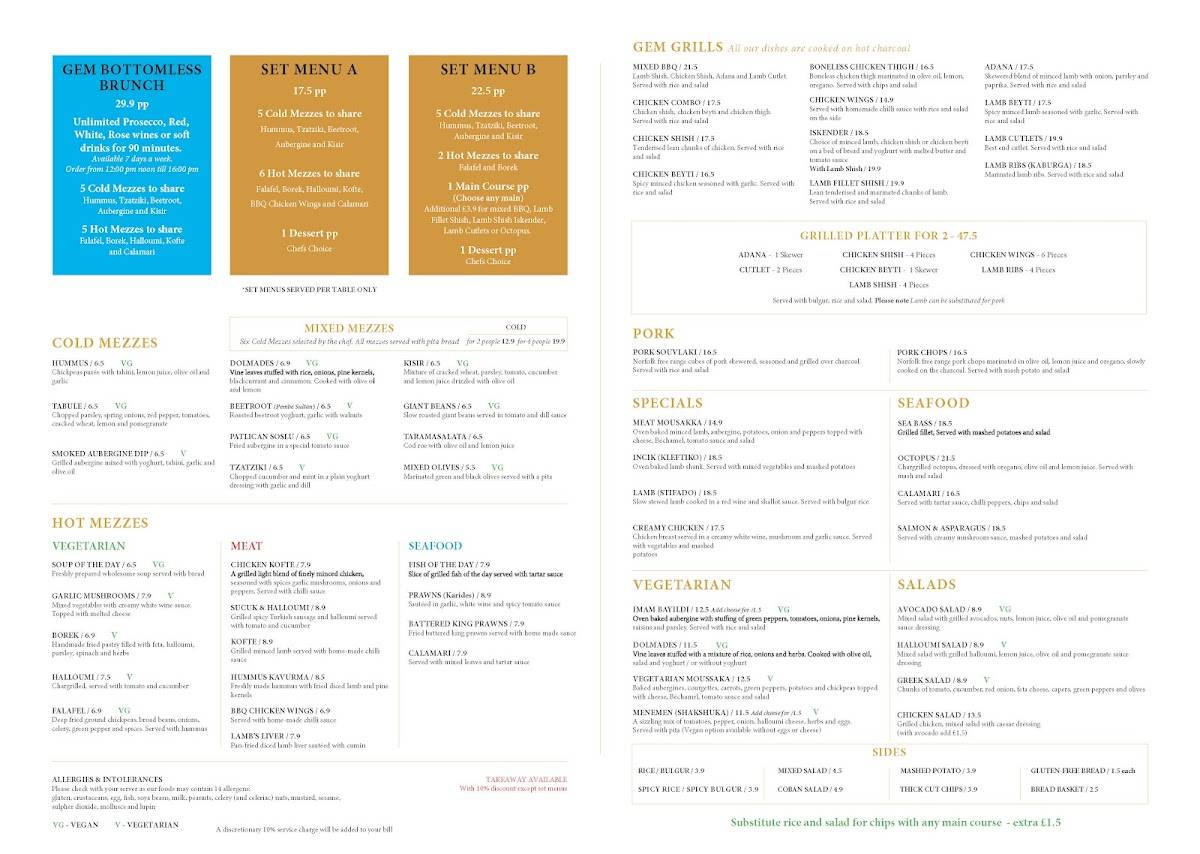Menu at Gem of Norwich restaurant, Norwich