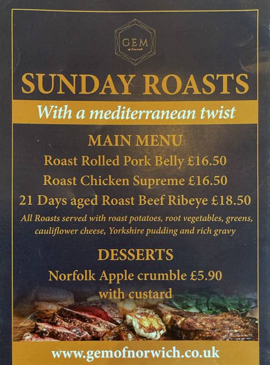 Menu at Gem of Norwich restaurant, Norwich