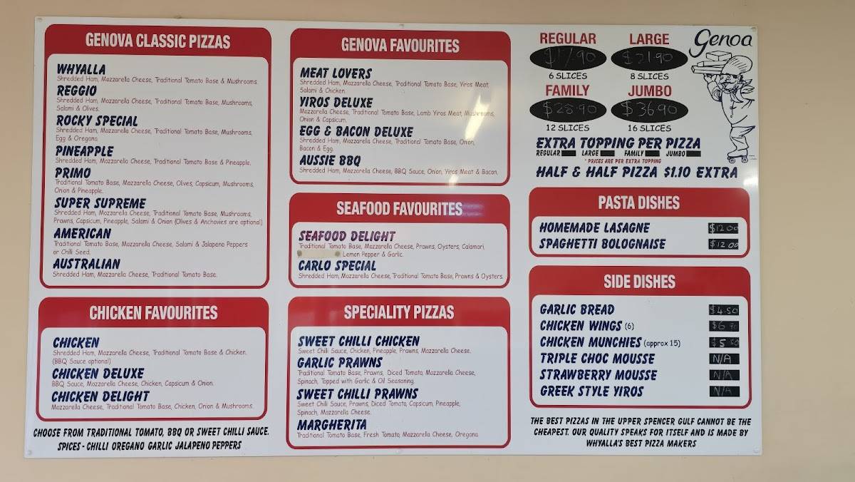 Menu at Genoa Pizza Bar, Whyalla Norrie