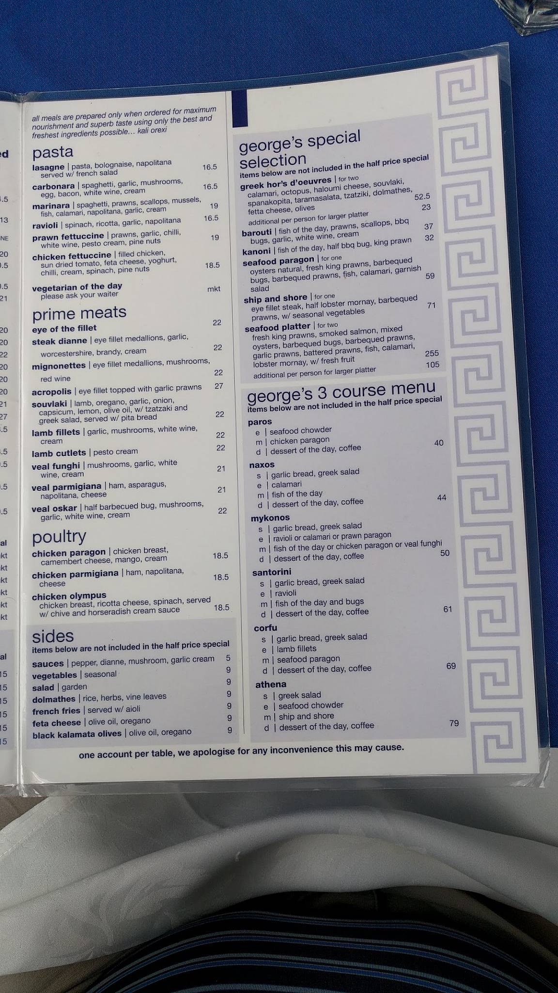Menu at George's Paragon Seafood Restaurant, Brisbane City