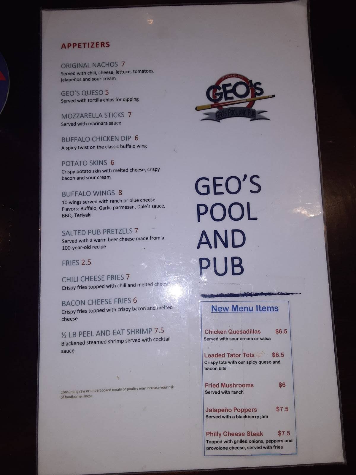Menu at Geo's Pool And Pub, Tallahassee, Mahan Dr