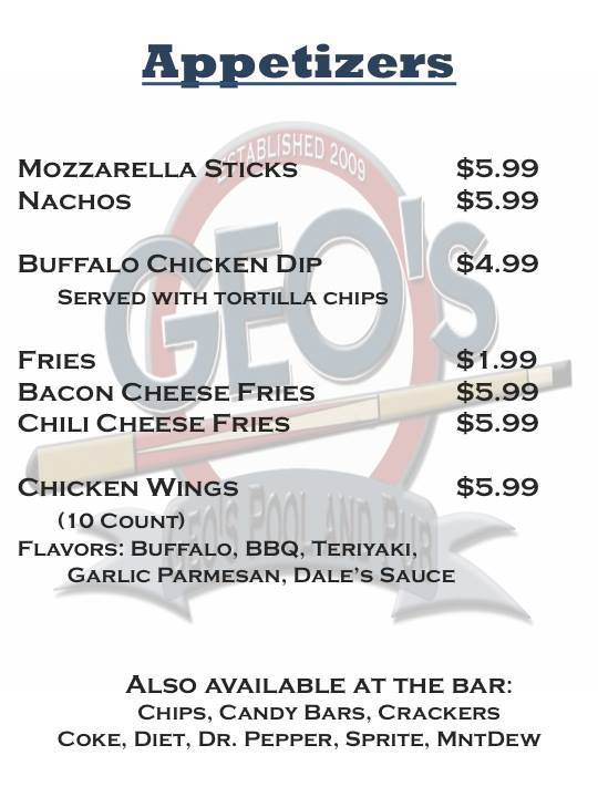 Menu at Geo's Pool And Pub, Tallahassee, 2717 Mahan Dr