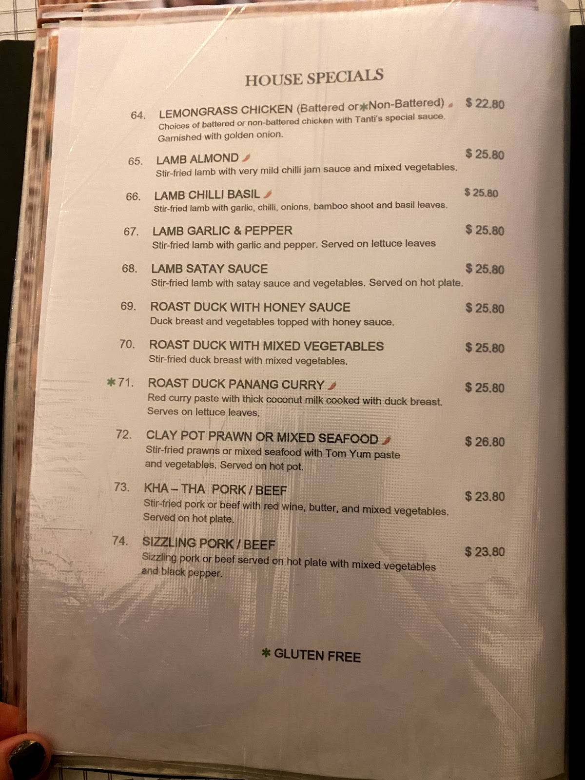 Menu at Tanti's Restaurant, Geraldton