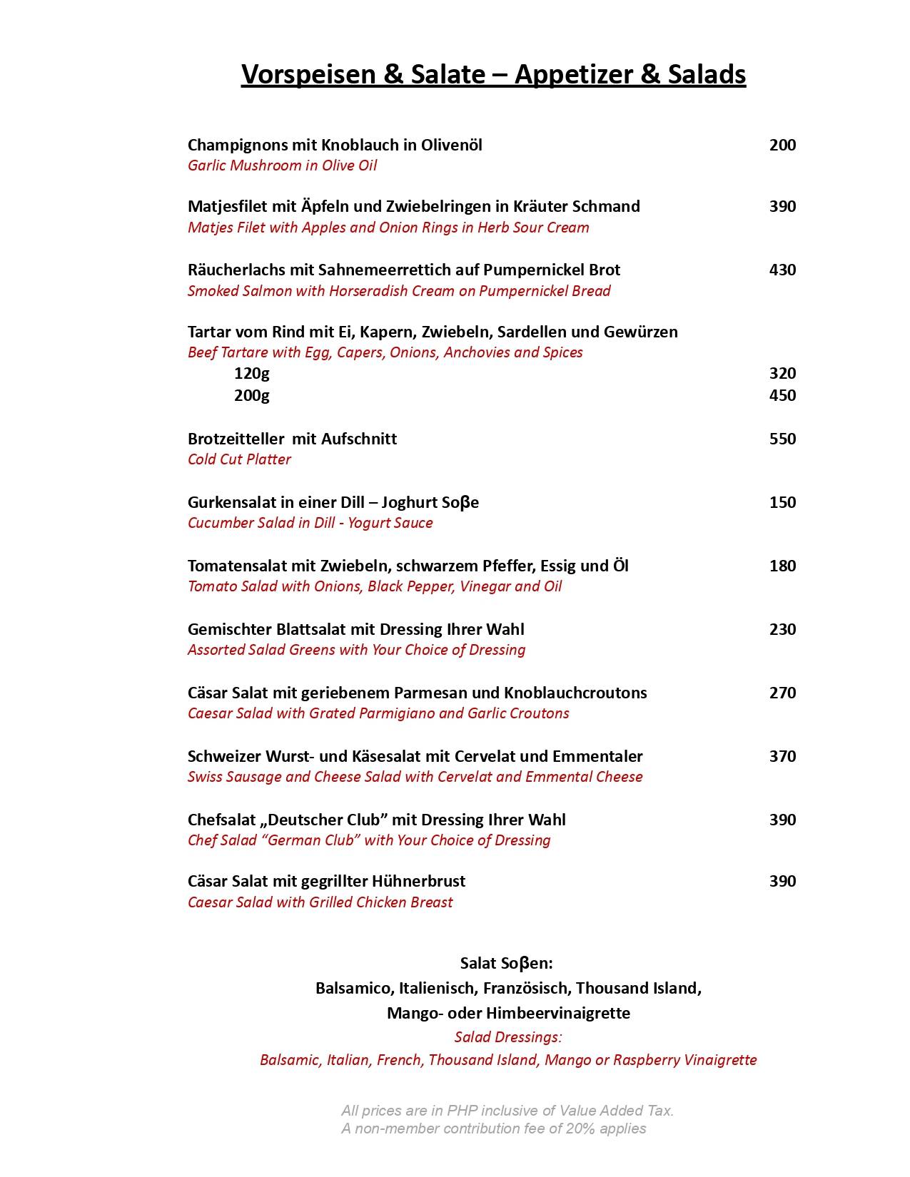 Menu at German Club, Makati