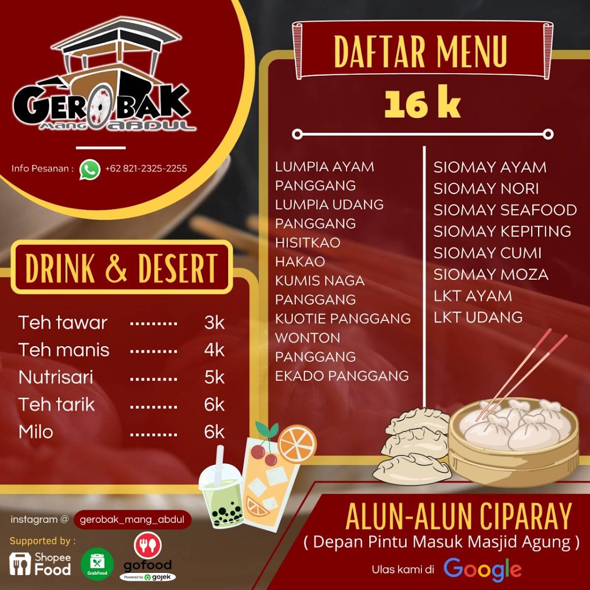 Menu at Gerobak Dimsum Mang Abdul restaurant, Manggungharja