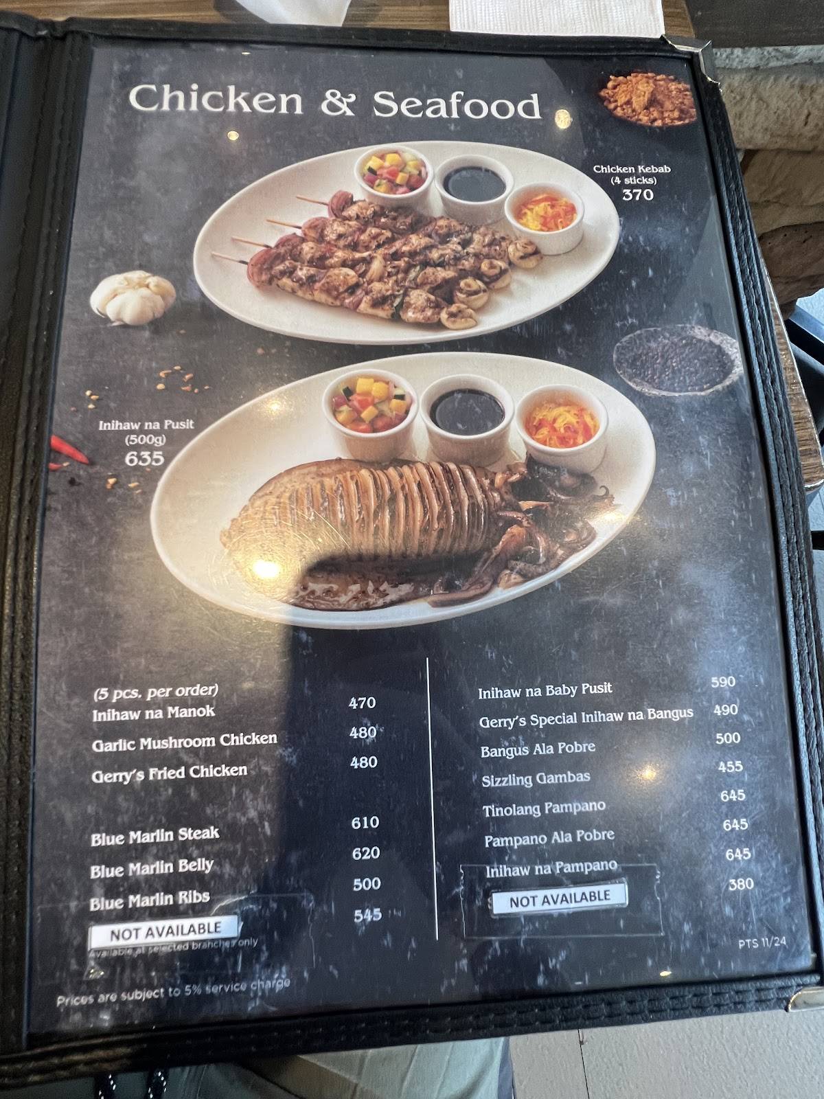 Menu at Gerry's Grill restaurant, Panglao