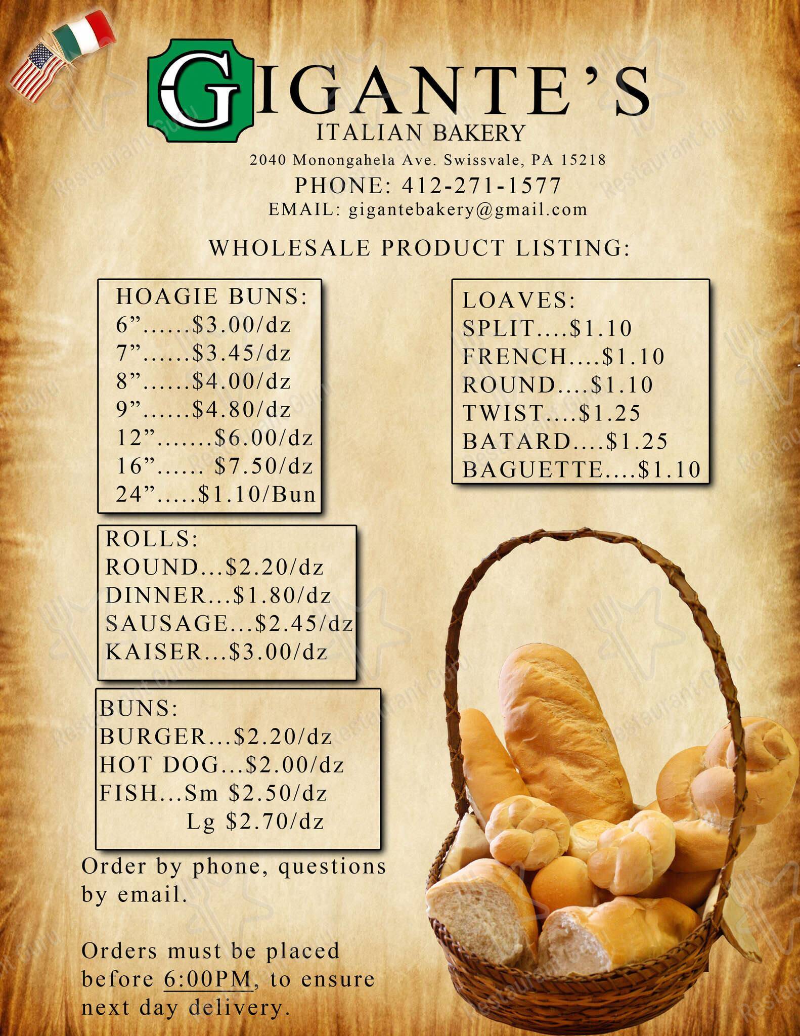 Menu at Gigante's Italian Bakery, Pittsburgh
