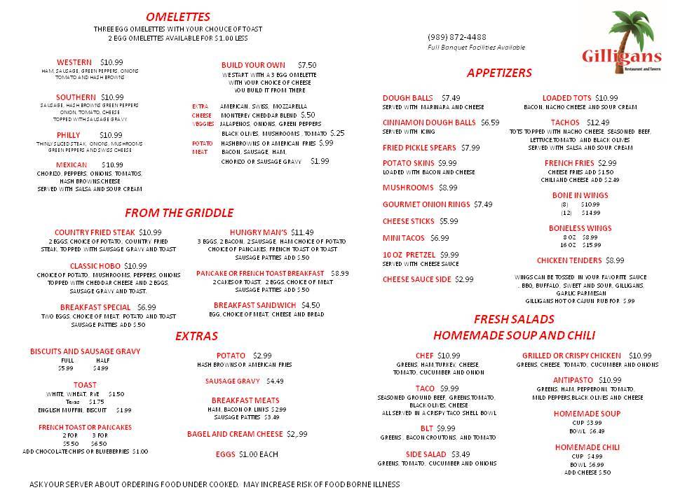 Menu at Gilligan's pub & bar, Cass City