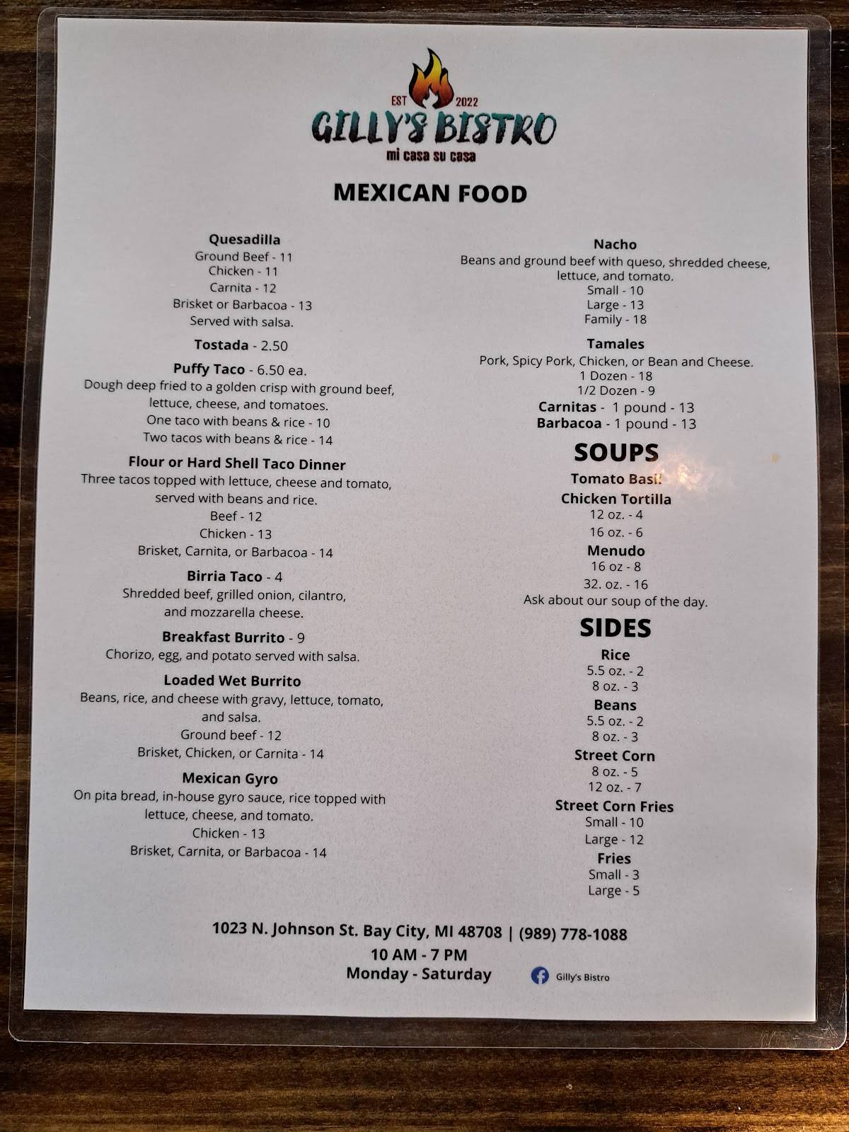 Menu at Gilly's Bistro restaurant, Bay City