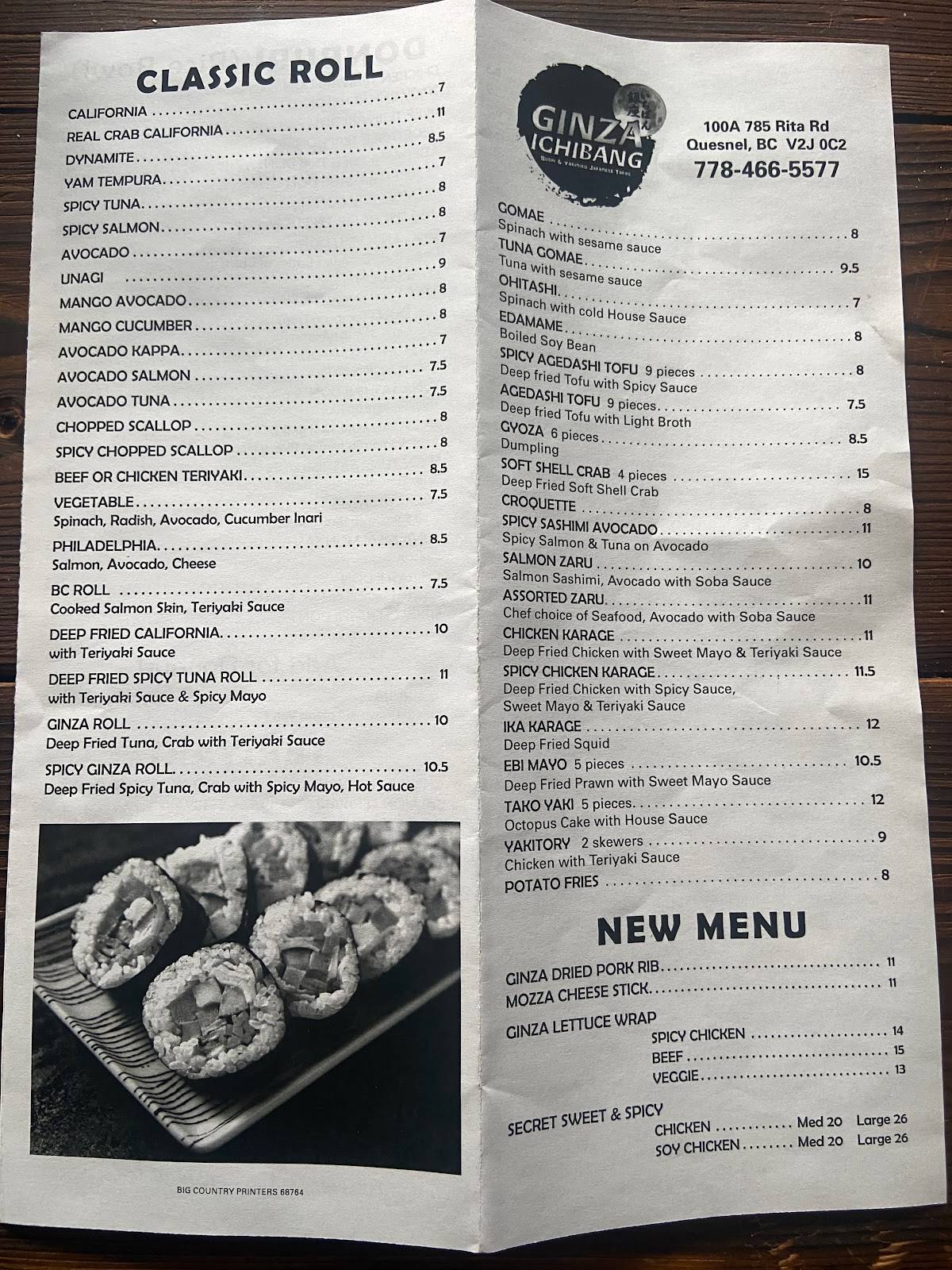 Menu at Ginza Ichiban restaurant, Quesnel
