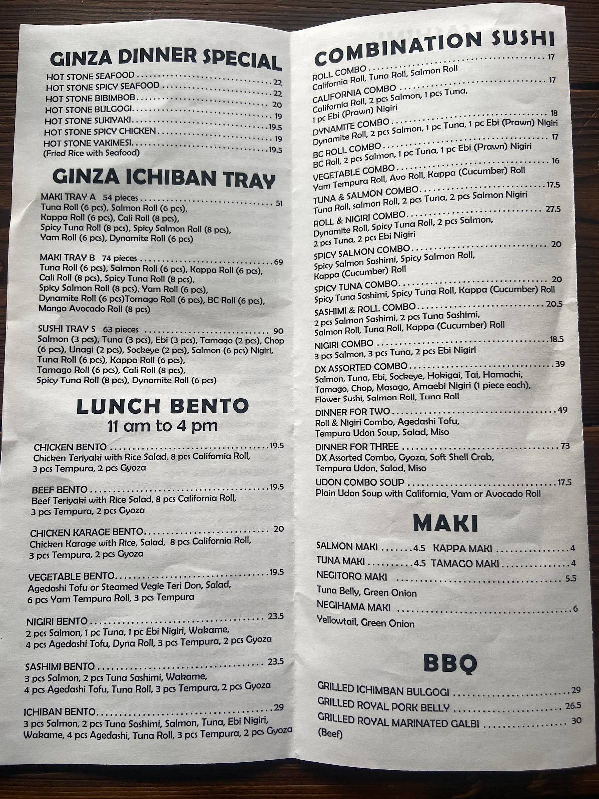 Menu at Ginza Ichiban restaurant, Quesnel
