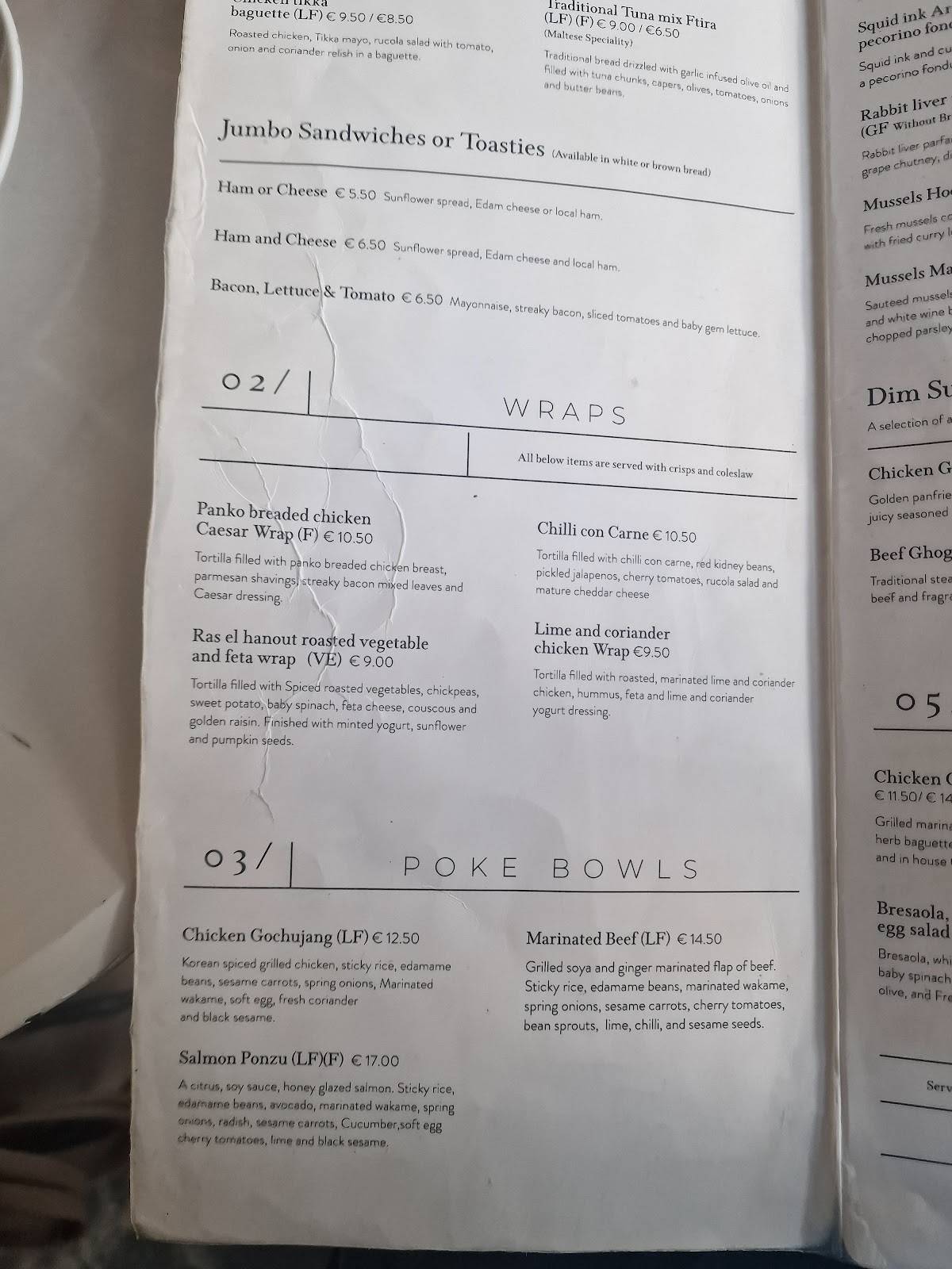 Menu at Giorgio's restaurant, Sliema