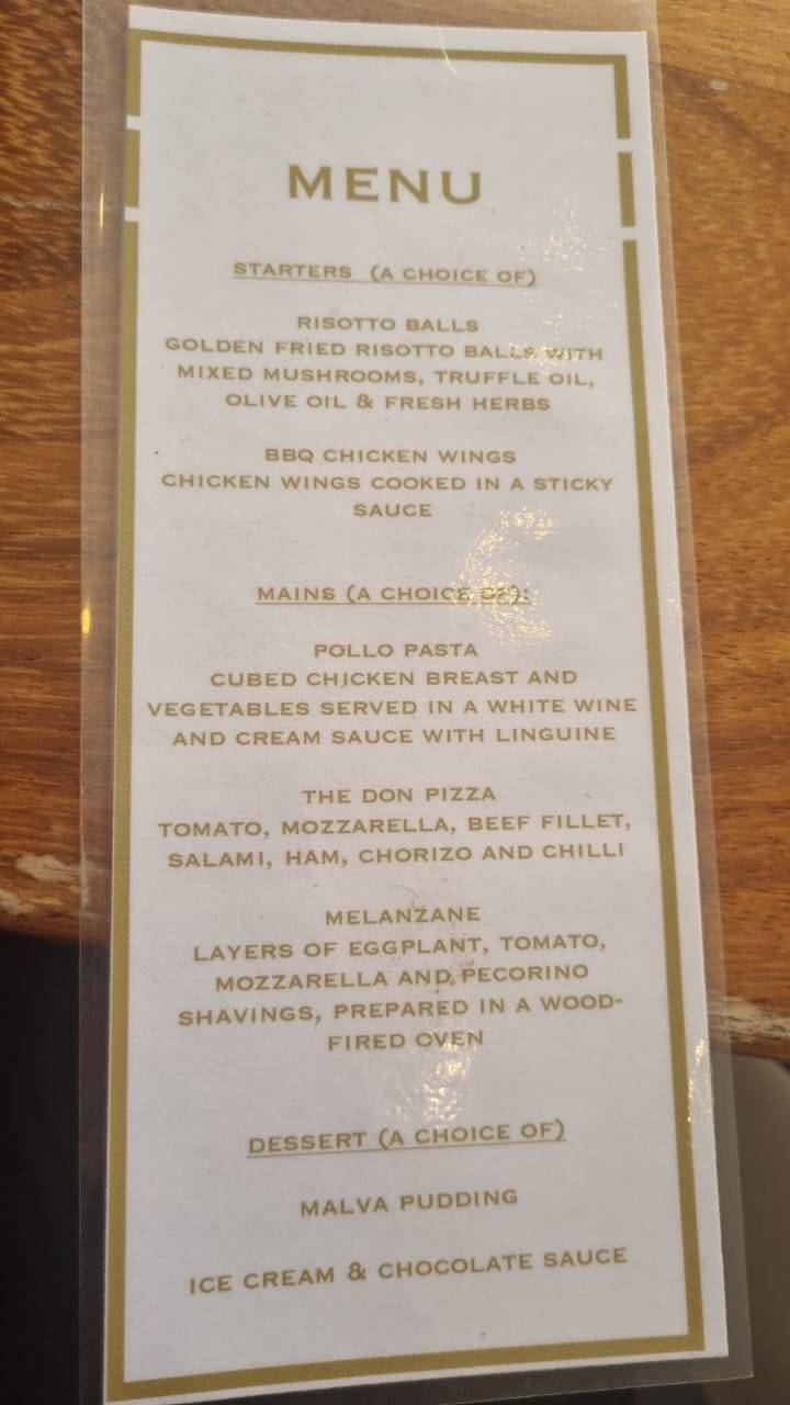 Menu at Giovannis Restaurant at the House of J.C. Le Roux, Stellenbosch