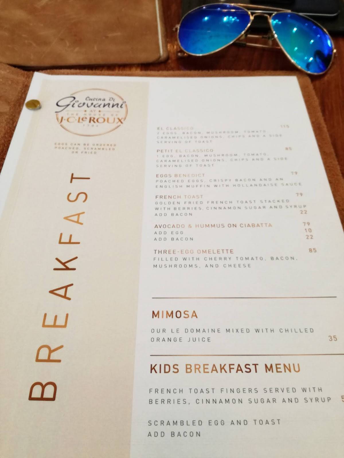 Menu at Giovannis Restaurant at the House of J.C. Le Roux, Stellenbosch