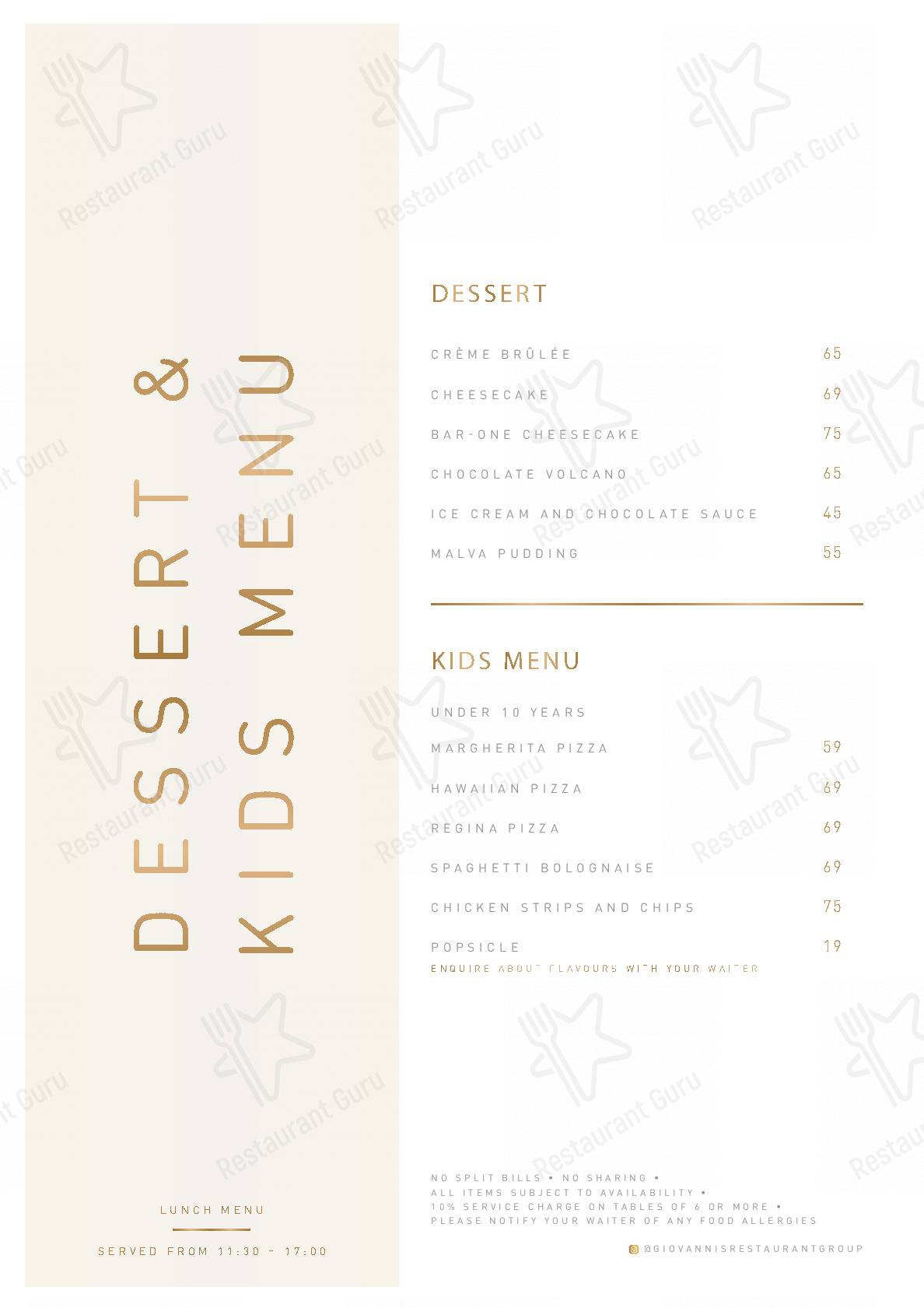 Menu at Giovannis Restaurant at the House of J.C. Le Roux, Stellenbosch