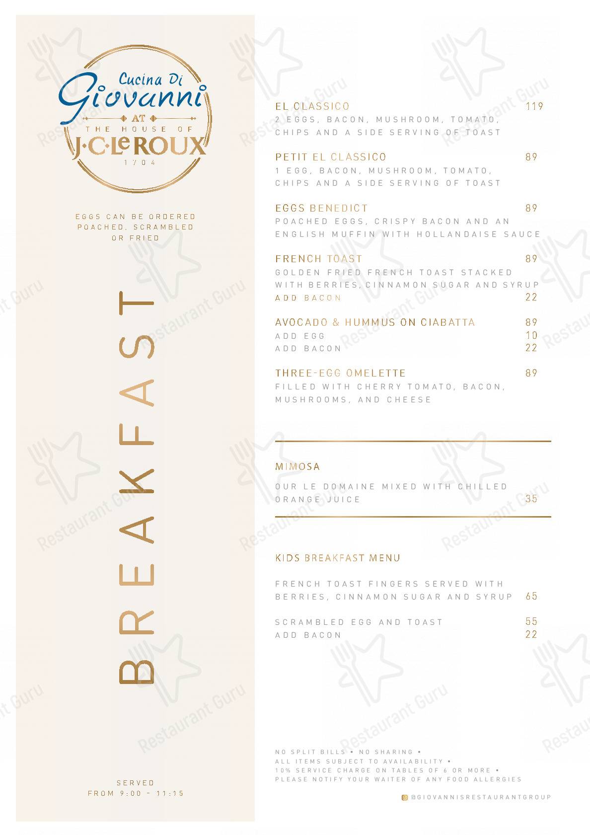 Menu at Giovannis Restaurant at the House of J.C. Le Roux, Stellenbosch