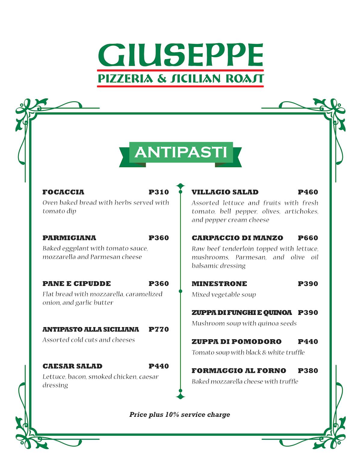 Menu at Giuseppe Iloilo restaurant, Iloilo City