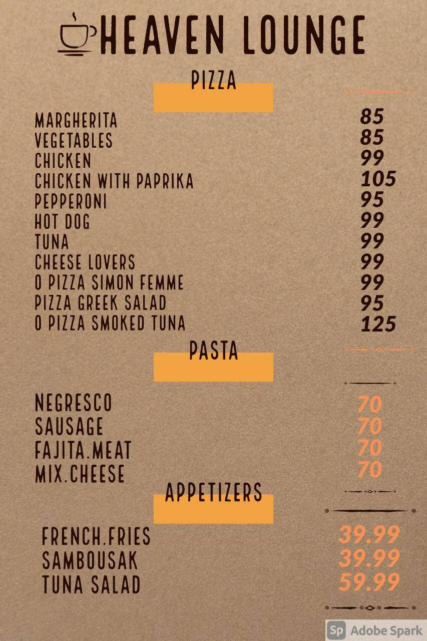 Menu at heaven lounge & rooftop view restaurant, Giza