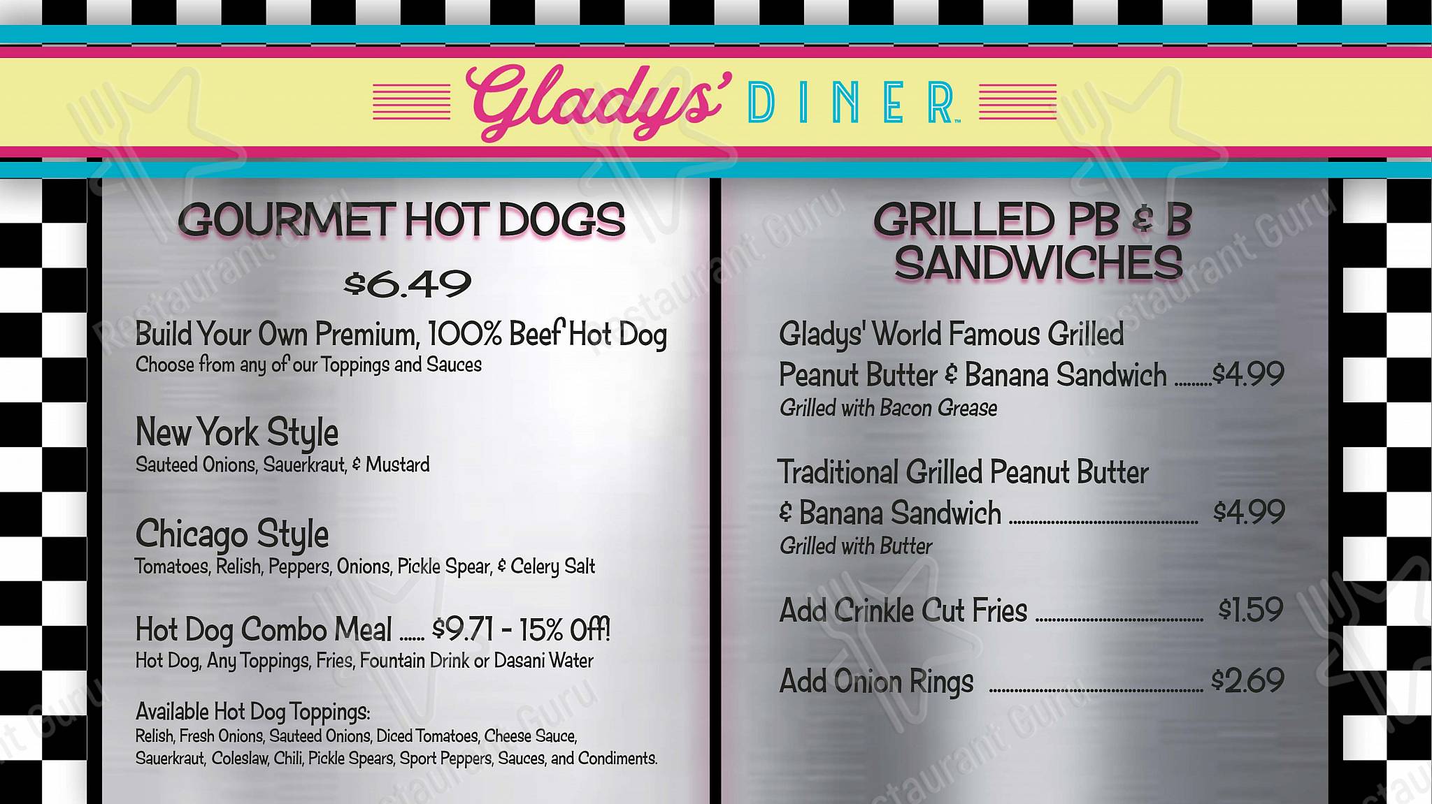 Menu at Gladys' Diner restaurant, Memphis, Elvis Presley Blvd