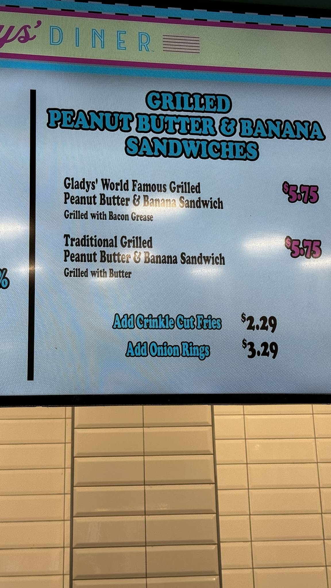 Menu at Gladys' Diner restaurant, Memphis, Elvis Presley Blvd