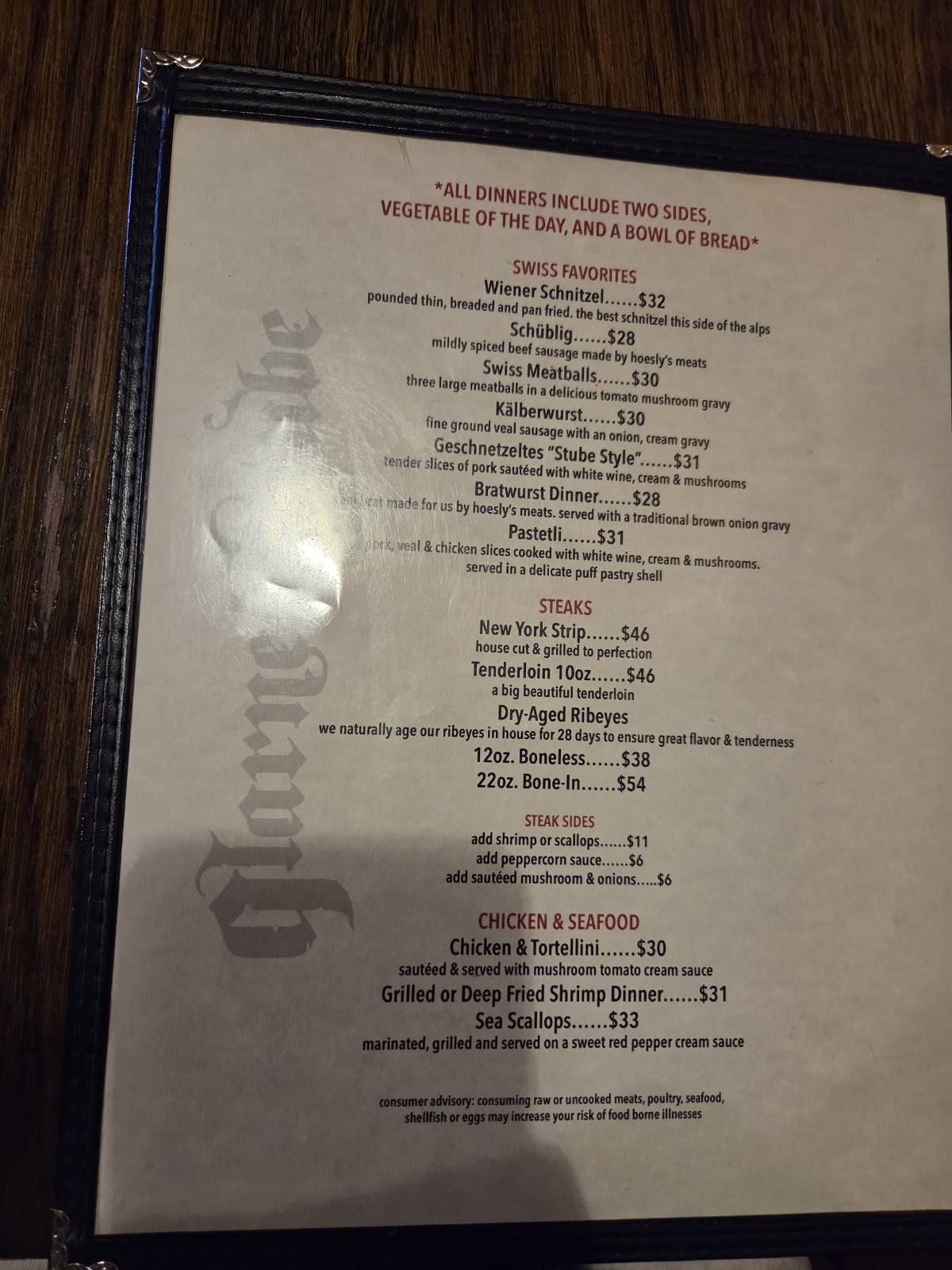 Menu at Glarner Stube restaurant, New Glarus