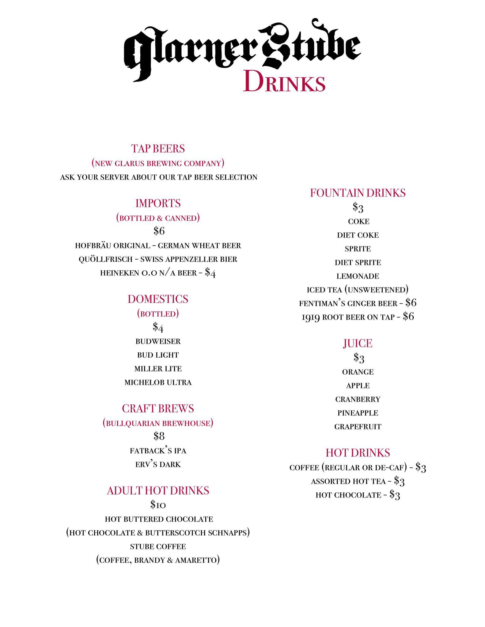 Menu at Glarner Stube restaurant, New Glarus