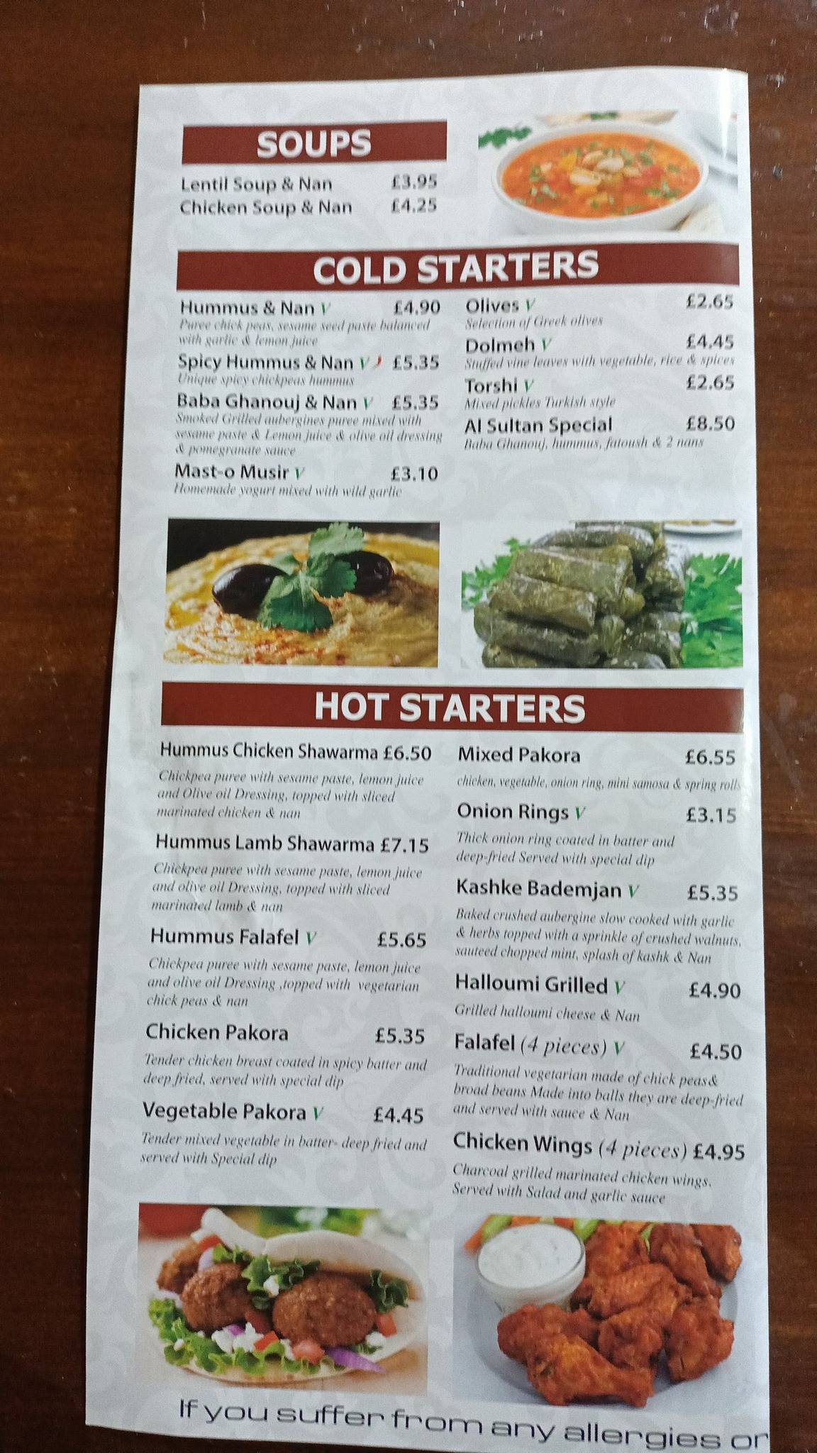Menu at Al Sultan restaurant, Glasgow