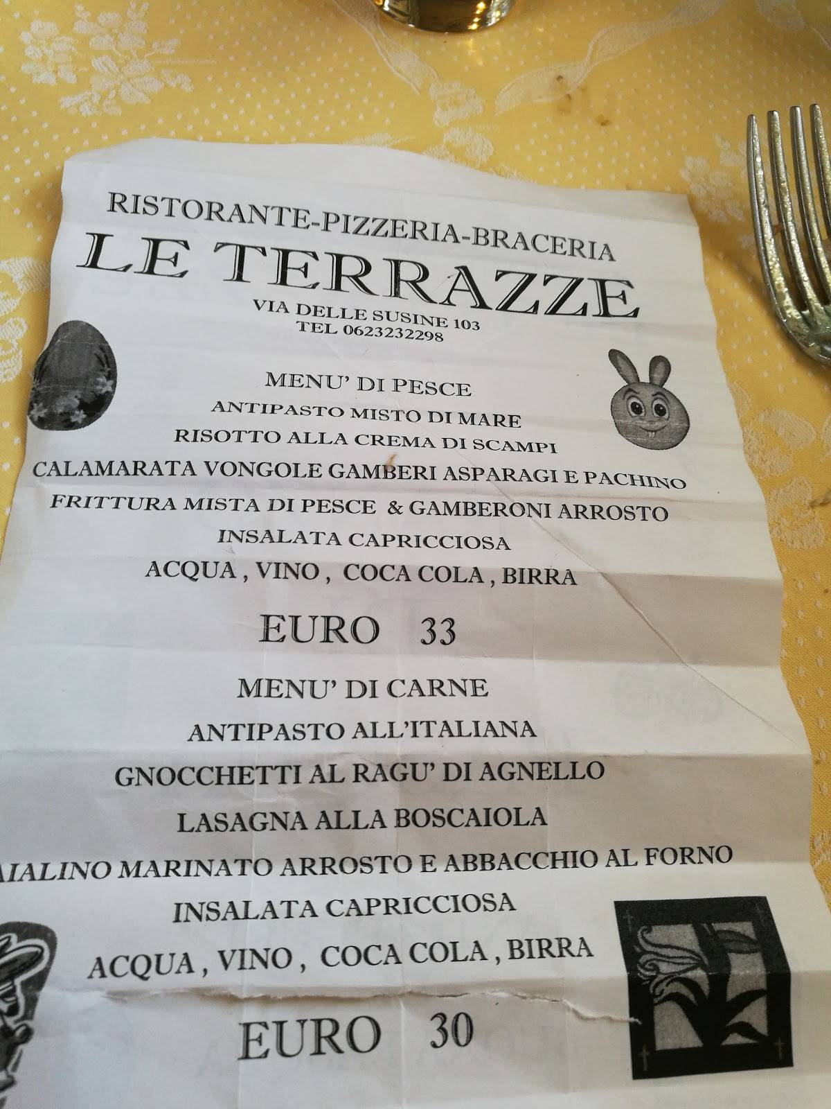 Menu au Gli archi restaurant, Rome, Via delle Susine