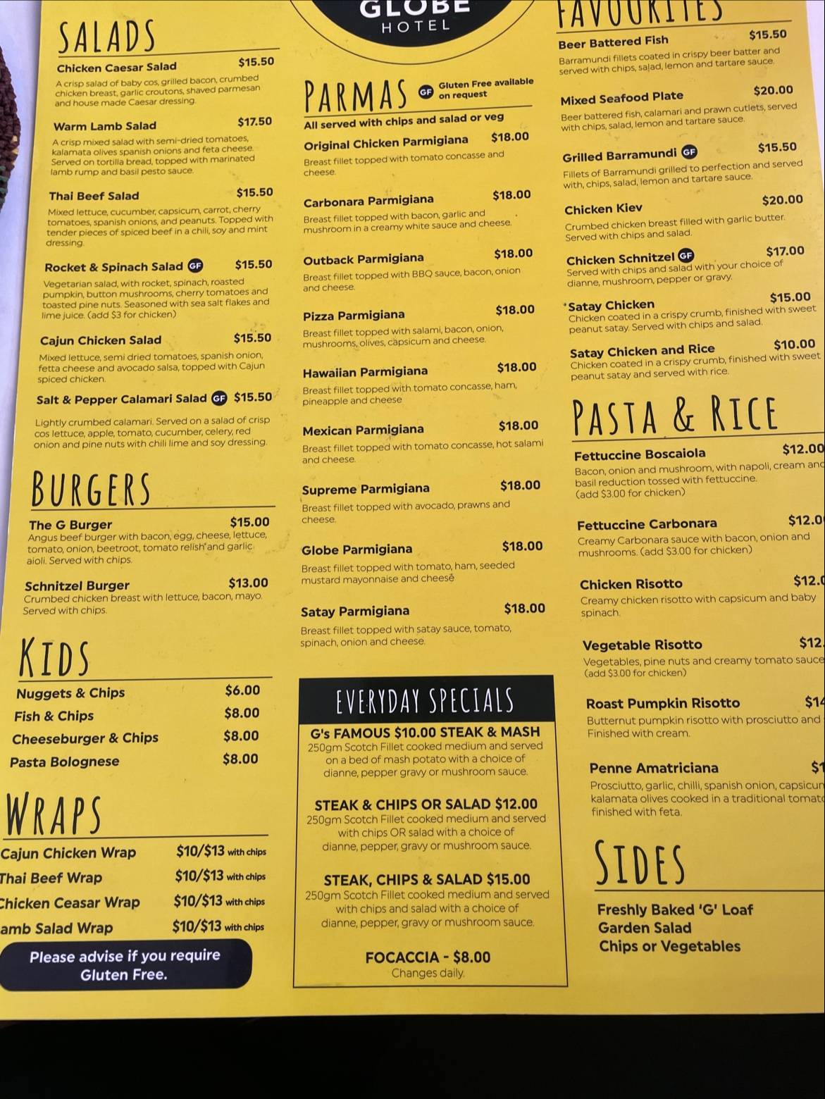 Menu at Globe Hotel Deniliquin pub & bar, Deniliquin