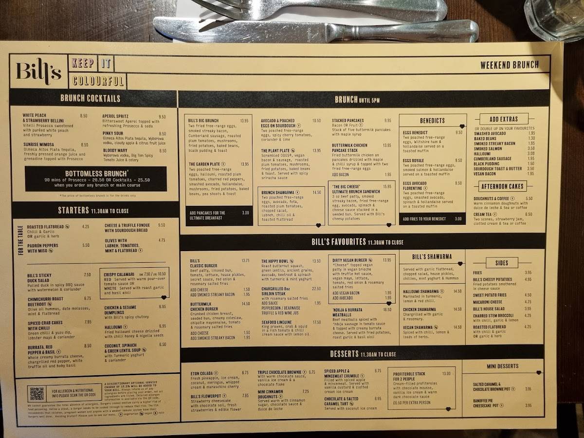 Menu at Bill's Guildford Restaurant, Guildford