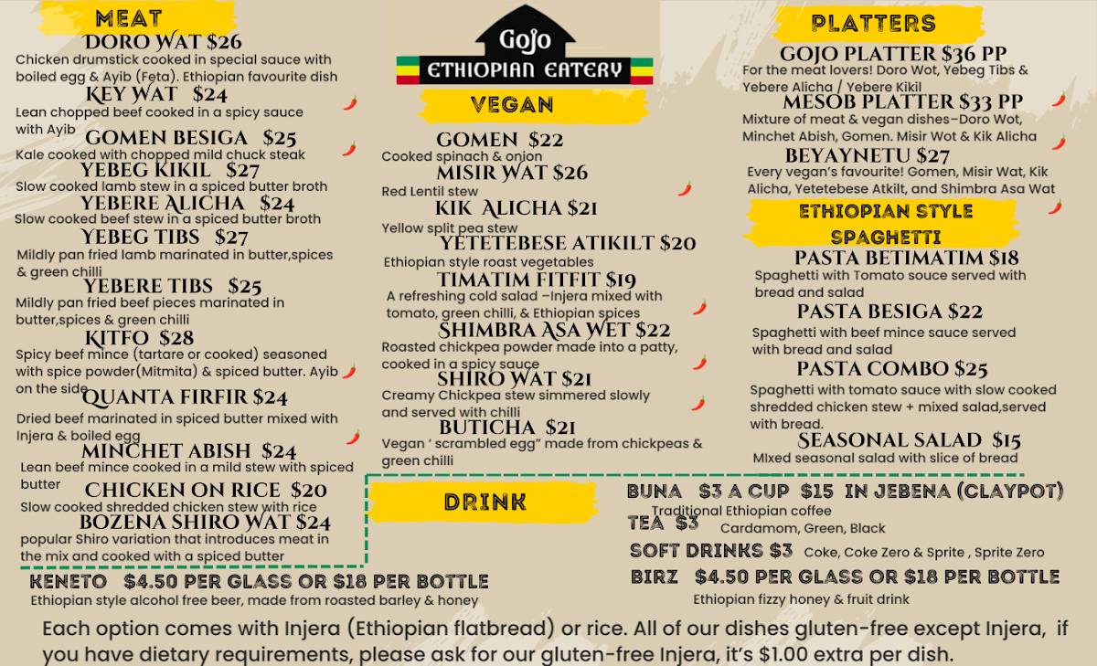 Menu at Gojo Ethiopian Eatery restaurant, Auckland