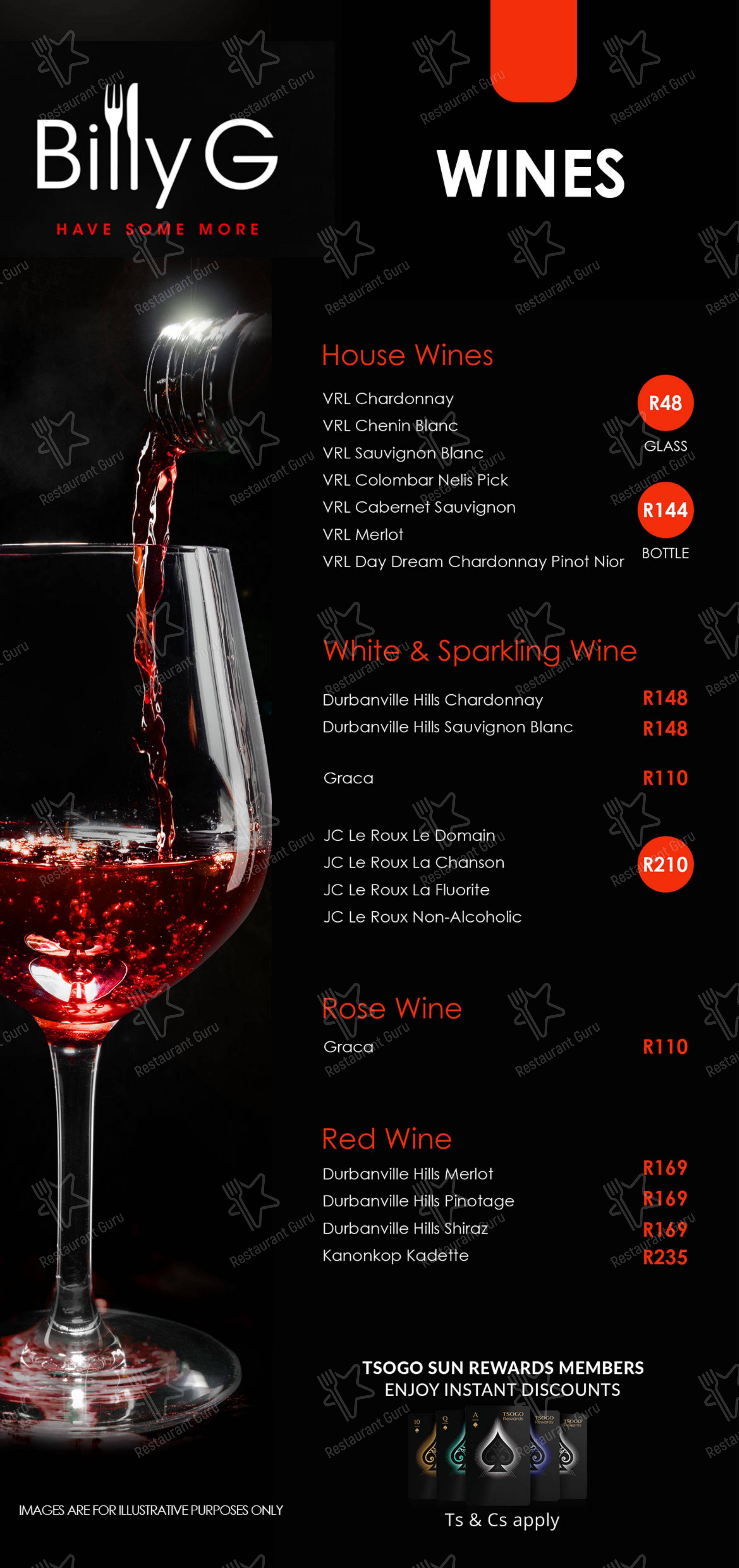 Menu at Gold Reef City Casino pub & bar, Johannesburg South