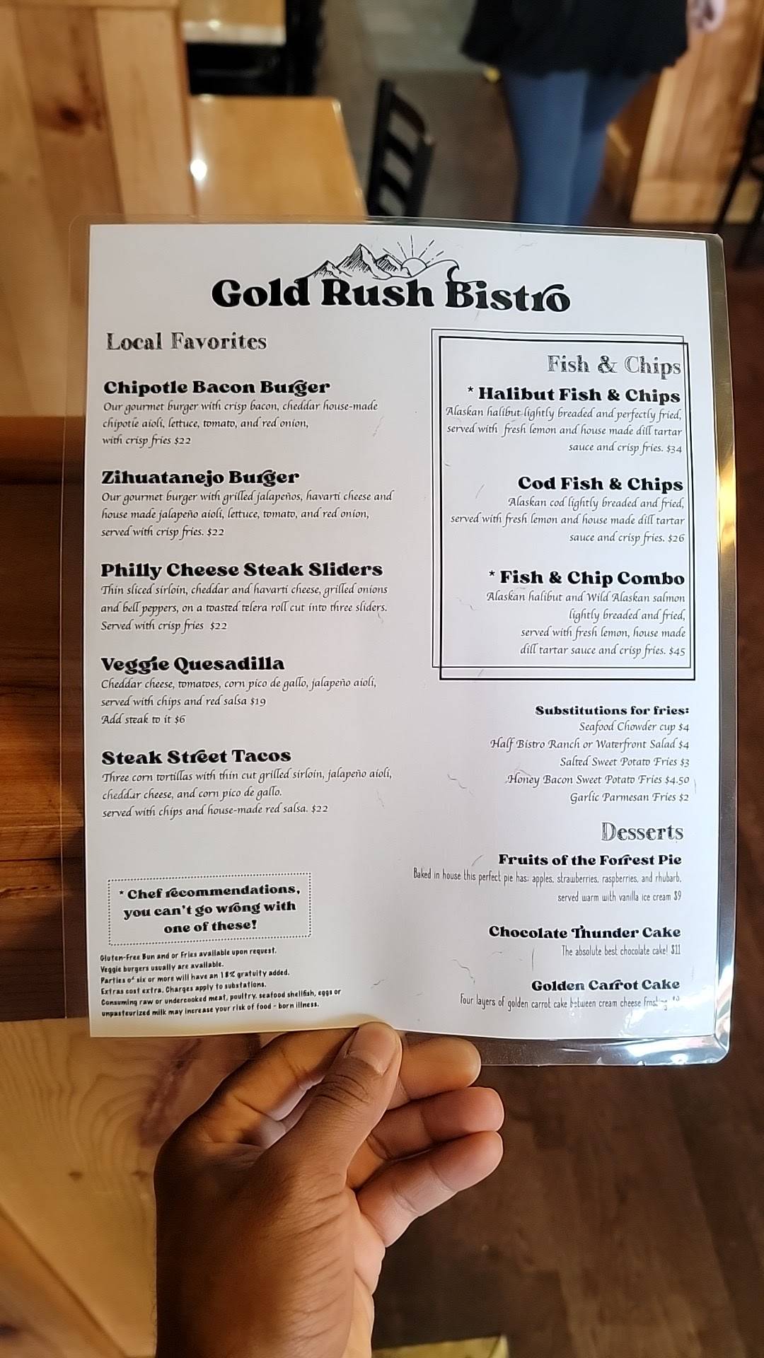 Menu at Gold Rush Bistro restaurant, Seward